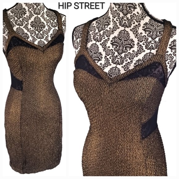 Express | Dresses | Express Metallic Gold Pucker Knit Mesh Insert ...